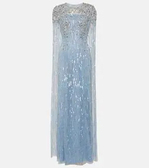 Jenny Packham Caped Sequined Crystal-embellished Gown