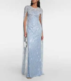 Jenny Packham Caped Sequined Crystal-embellished Gown