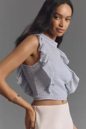 Maeve Cropped Ruffle Mesh Top - Grey