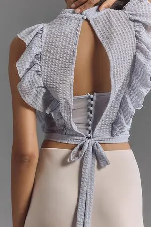 Maeve Cropped Ruffle Mesh Top - Grey