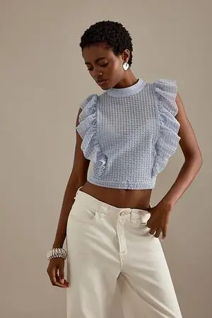 Maeve Cropped Ruffle Mesh Top - Grey