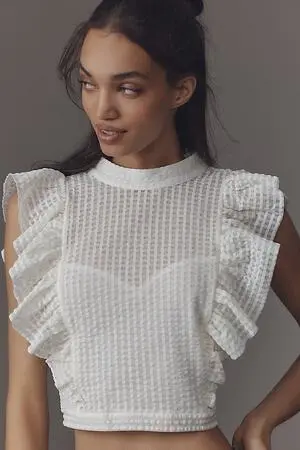 Maeve Cropped Ruffle Mesh Top Ivory