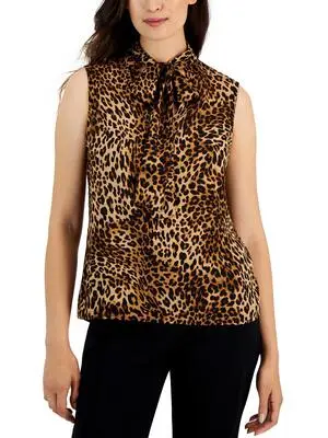 Anne Klein Womens Animal Print Tie Neck Shell - Black