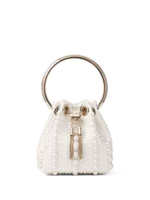 JIMMY CHOO Pearl-embellished Bucket Bag - White