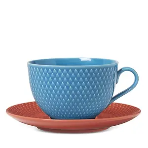 ROSENDAHL Lyngby Porcelain Rhombe Color Tea Cup With Matching Saucer - Blue/terracotta
