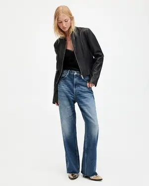 ALLSAINTS Sadler Slim Fit Washed Leather Jacket With Stand Collar - Black