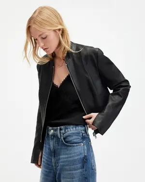 ALLSAINTS Sadler Slim Fit Washed Leather Jacket With Stand Collar - Black