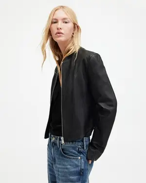 ALLSAINTS Sadler Slim Fit Washed Leather Jacket With Stand Collar - Black