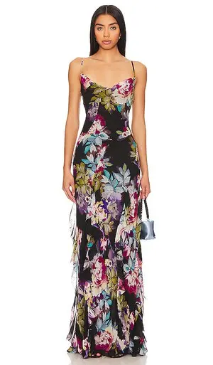 NICHOLAS Kamila Ruffle Cowl Gown - Antique Floral Black