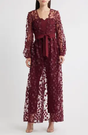 Julia Jordan Floral Overlay Jacket And Belted Jumpsuit Set - Burgundy