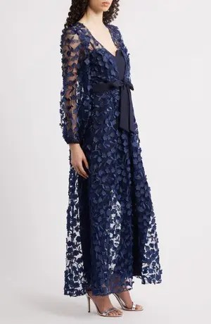 Julia Jordan Floral Overlay Jacket And Belted Jumpsuit Set - Navy