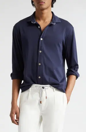 Eleventy Dandy Jersey Button-up Shirt - Navy