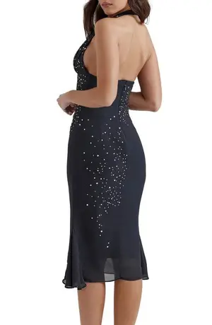 House Of Cb Jovanna Plunge Halter Midi Dress In Navy - 50% Off |  Editorialist