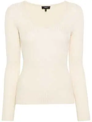 Theory Fine-ribbed V-neck Jumper - Neutrals