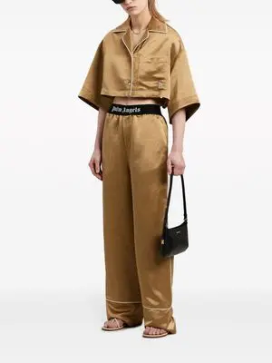 Palm Angels Monogram-embroidered Satin Cropped Shirt - Neutrals