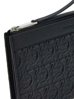 FERRAGAMO Logo-embossed Leather Wristlet - Black