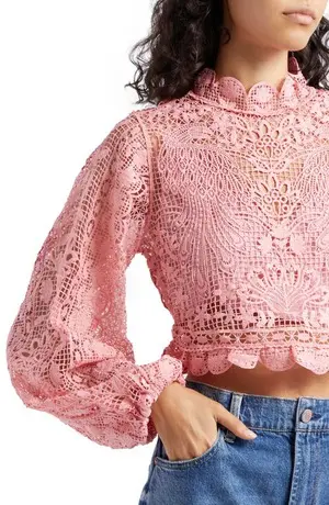 Farm Rio Guipure Lace Long Sleeve Crop Top