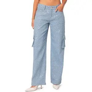 EDIKTED Icing Sequin Low Rise Cargo Jeans