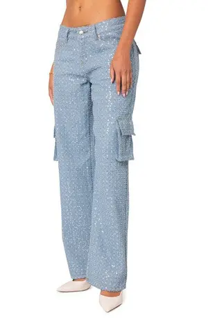EDIKTED Icing Sequin Low Rise Cargo Jeans