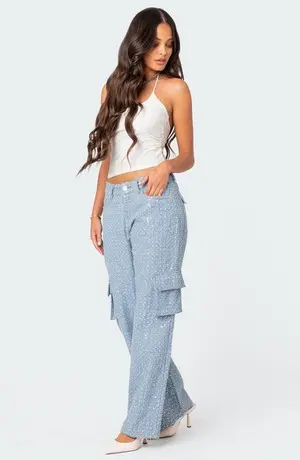 EDIKTED Icing Sequin Low Rise Cargo Jeans