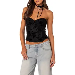 EDIKTED Marnie Floral Velvet Corset Top - Black