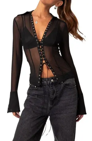EDIKTED Lace-up Mesh Top