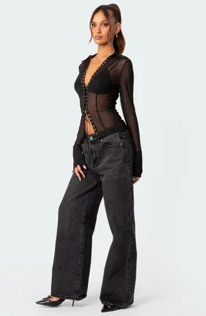 EDIKTED Lace-up Mesh Top
