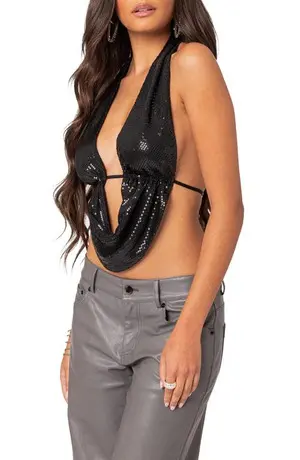 EDIKTED Draped Sequin Halter Top