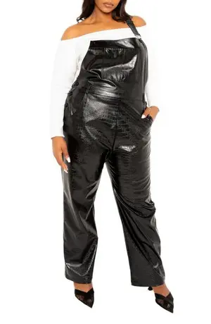 BUXOM COUTURE Croc Embossed Faux Leather Overalls - Black