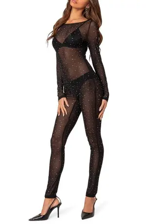 EDIKTED Kristine Rhinestone Mesh Jumpsuit