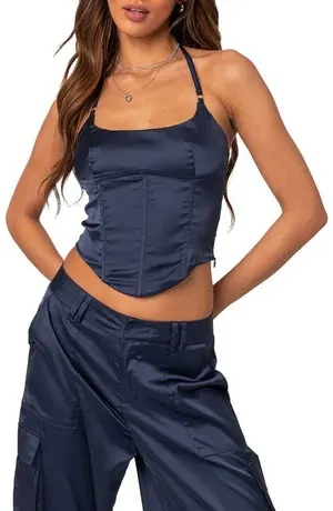 EDIKTED Kelsey Lace-up Back Satin Halter Corset - Navy
