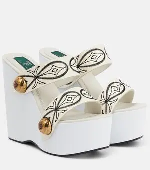 Emilio Pucci Embroidered Leather Wedge Sandals - White
