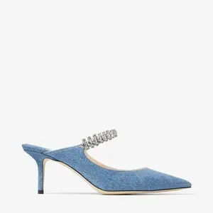 JIMMY CHOO Bing 65 Denim Mules With Crystal Strap Denim