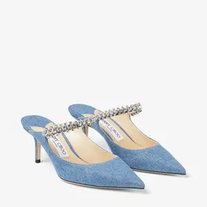 JIMMY CHOO Bing 65 Denim Mules With Crystal Strap Denim