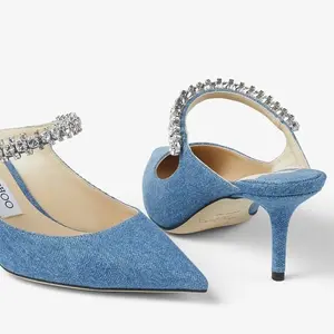 JIMMY CHOO Bing 65 Denim Mules With Crystal Strap Denim