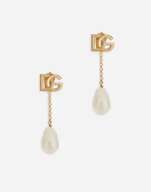 Dolce & Gabbana Drop Earrings With Pearls And Dg Logo - Gold