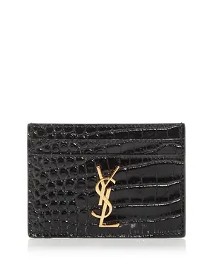 Saint Laurent Cassandre Matelasse Card Case Black Shiny Croc/gold