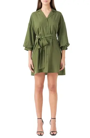 Endless Rose Tie Waist Mini Shirt Dress - Olive