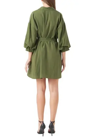 Endless Rose Tie Waist Mini Shirt Dress - Olive