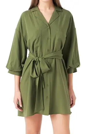 Endless Rose Tie Waist Mini Shirt Dress - Olive