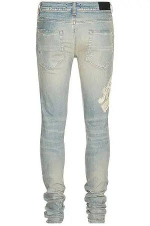 Jeans AMIRI Bones Applique — Skinny Stretch Avec Cuir, Bleu Et Blanc