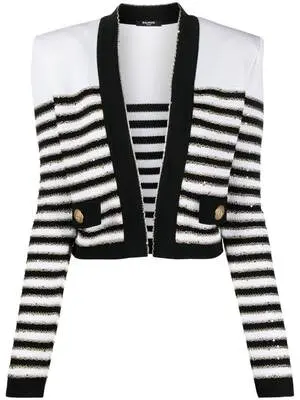 Balmain Striped Cropped Jacket - White