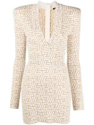 Balmain Monogram-jacquard Mini Dress - Neutrals