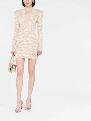 Balmain Monogram-jacquard Mini Dress - Neutrals
