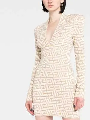 Balmain Monogram-jacquard Mini Dress - Neutrals