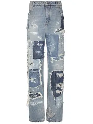 Dolce & Gabbana Distressed Patchwork Wide-Leg Jeans In Blue - 40