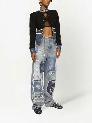 Dolce & Gabbana Distressed Patchwork Wide-Leg Jeans In Blue  display picture 1