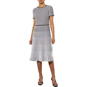 Ming Wang Grid Stripe Flare Knit Dress