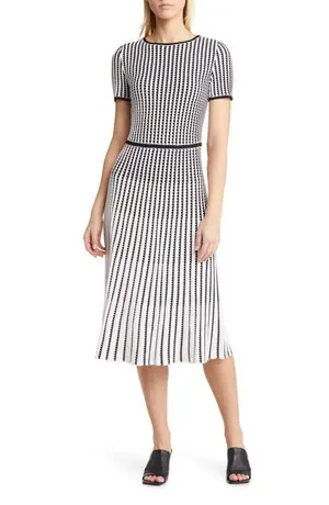 Ming Wang Grid Stripe Flare Knit Dress