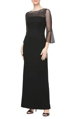 Alex Evenings Rhinestone Yoke Column Gown - Black